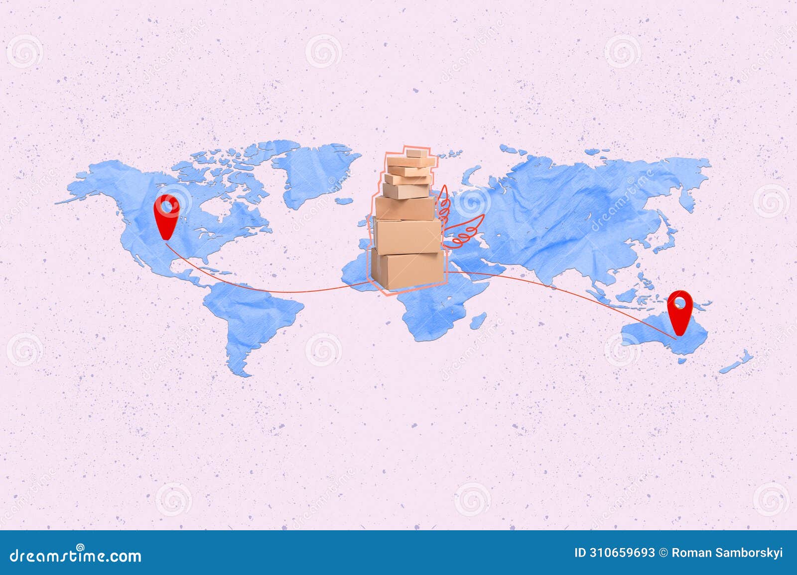 Collage Image of Pile Stack Boxes Painted Wings Fly Deliver Destination ...