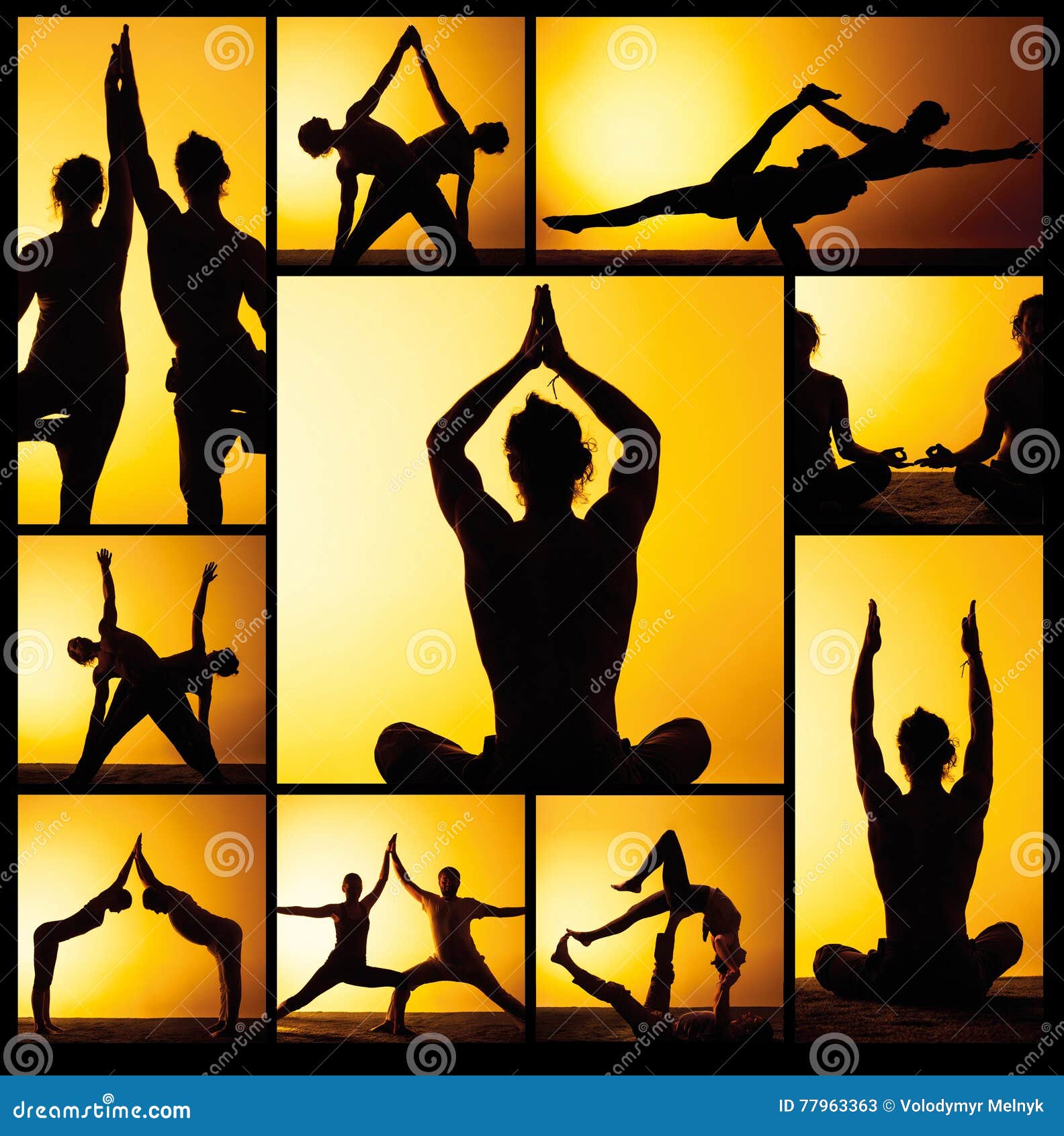 The Collage from Images of Two People Practicing Yoga in the Sunset ...