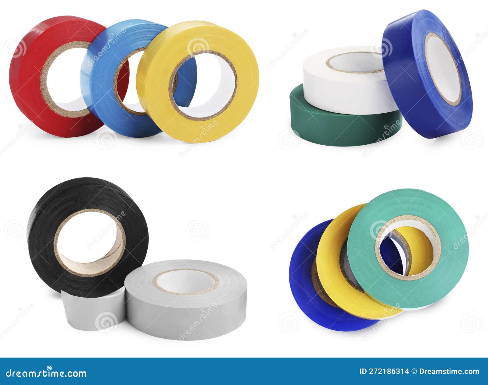 Collage with Insulating Tapes in Different Colors on White Background ...