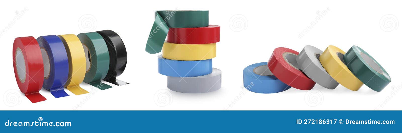 Collage with Insulating Tapes in Different Colors on White Background ...