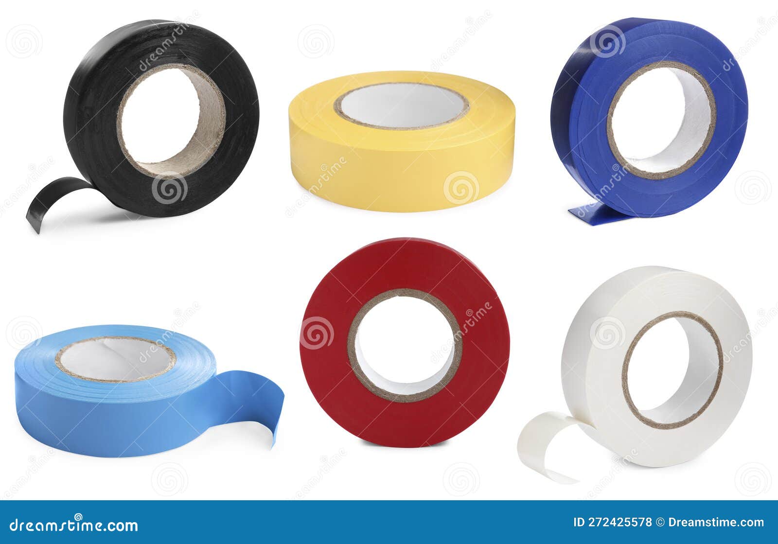 Collage with Insulating Tapes in Different Colors on White Background ...