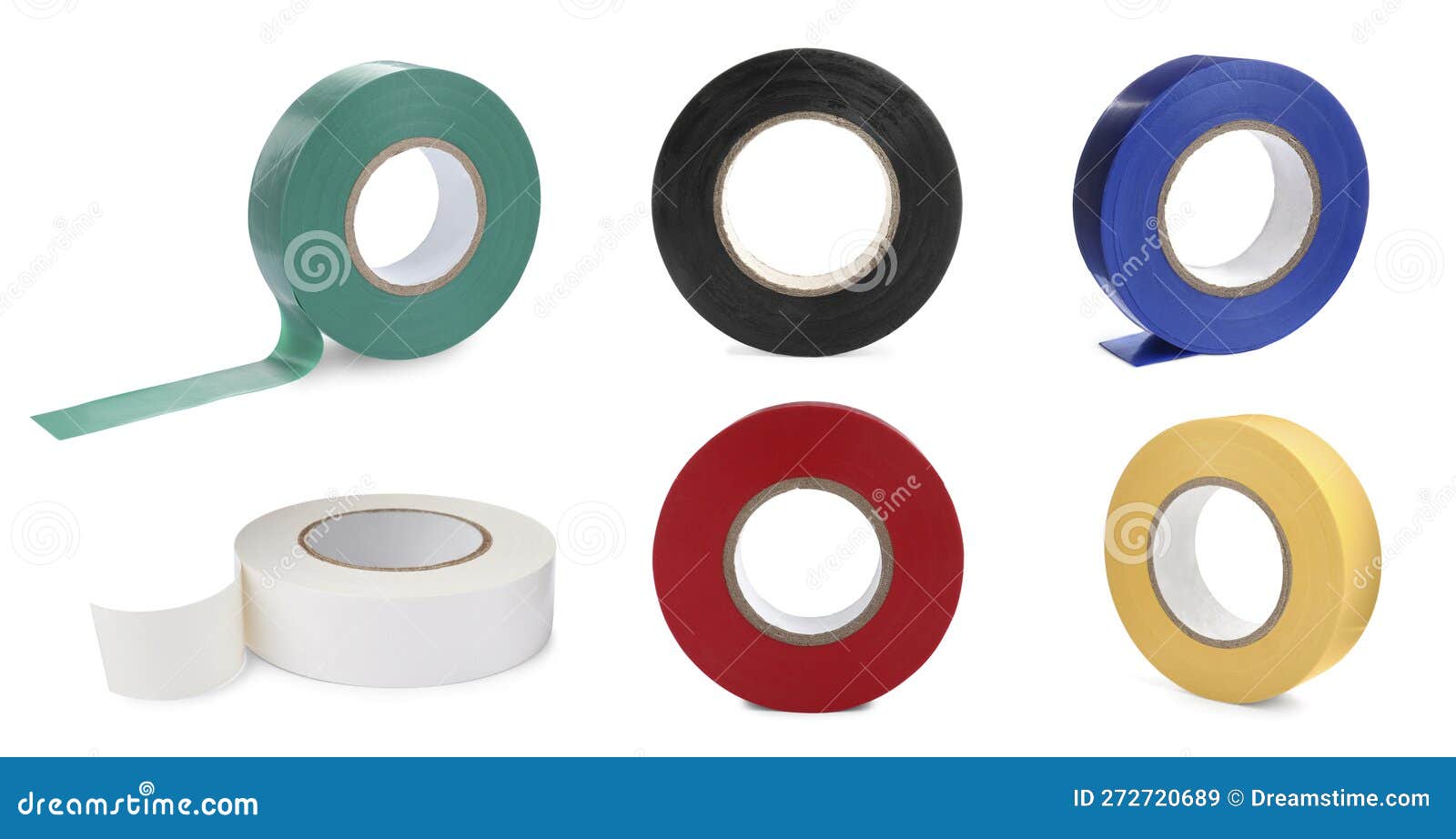 Collage with Insulating Tapes in Different Colors on White Background ...