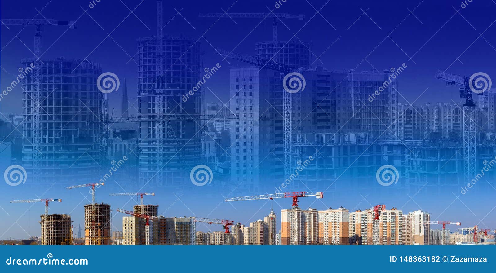 Collage of Large Construction Site Including Several Cranes Working on ...