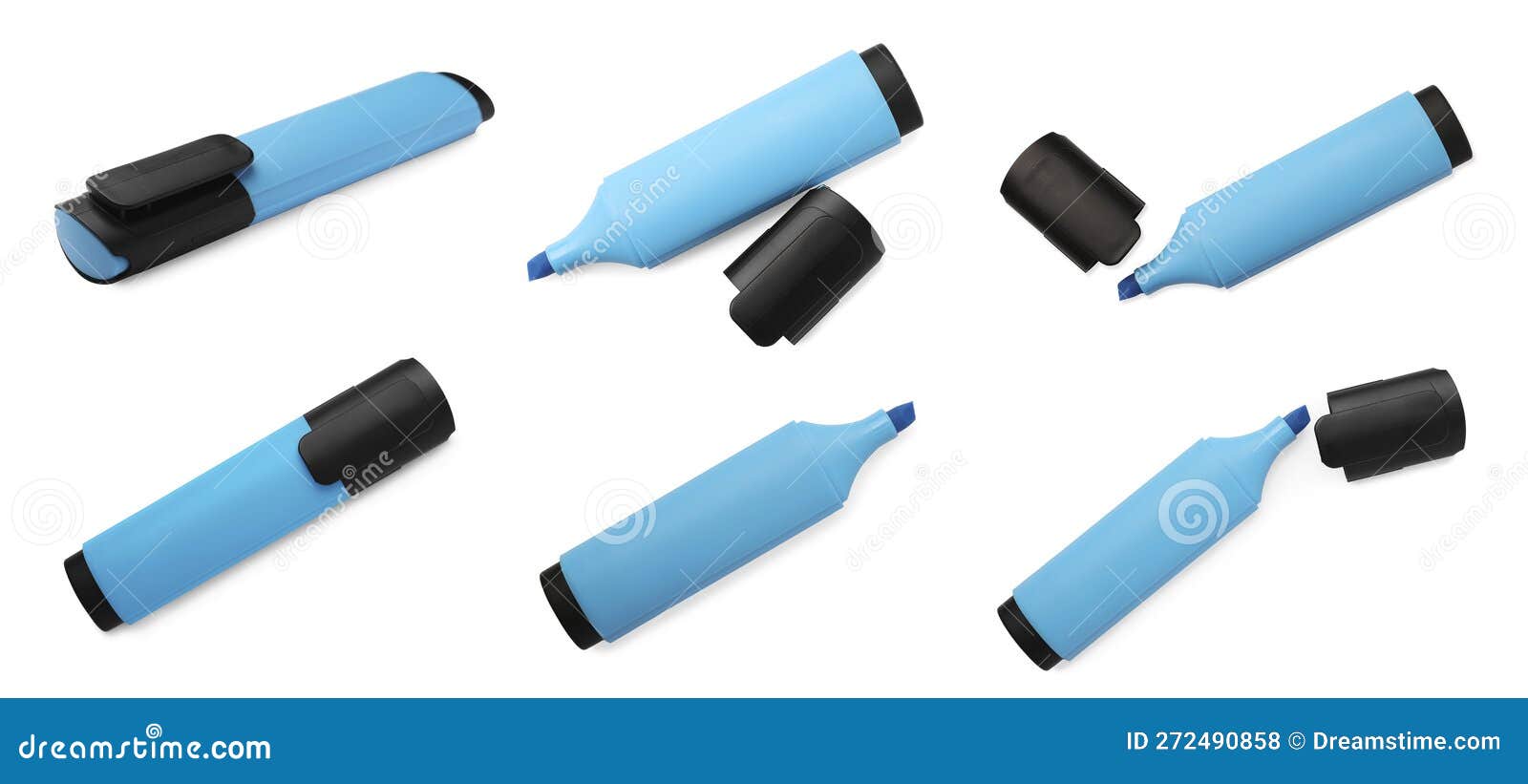 Collage with Light Blue Marker on White Background Stock Photo - Image ...