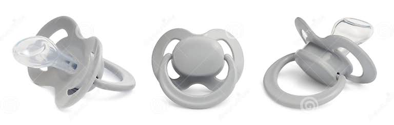 Collage of Light Grey Baby Pacifier on White Background, Views from ...