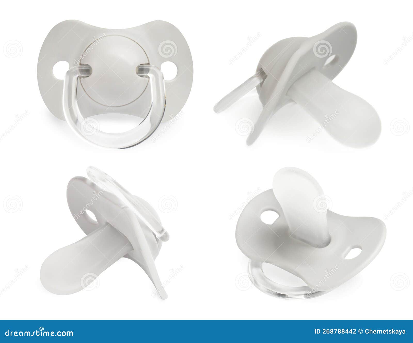 Collage of Light Grey Baby Pacifier on White Background, Views from ...
