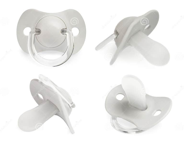 Collage of Light Grey Baby Pacifier on White Background, Views from ...