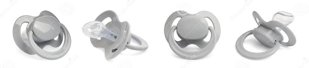 Collage of Light Grey Baby Pacifier on White Background, Views from ...