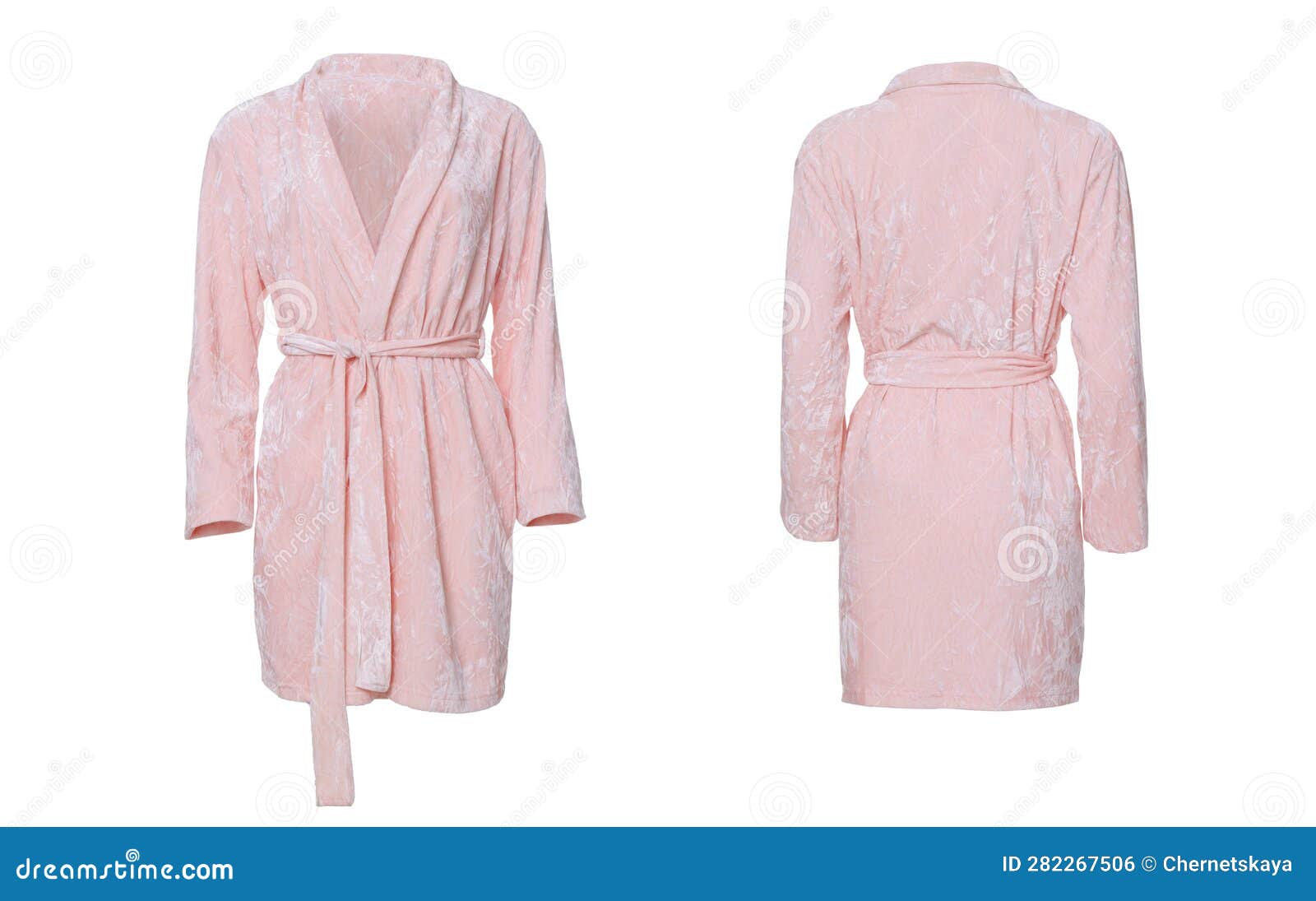 Collage with Light Pink Velour Bathrobe on White Background, Front and ...