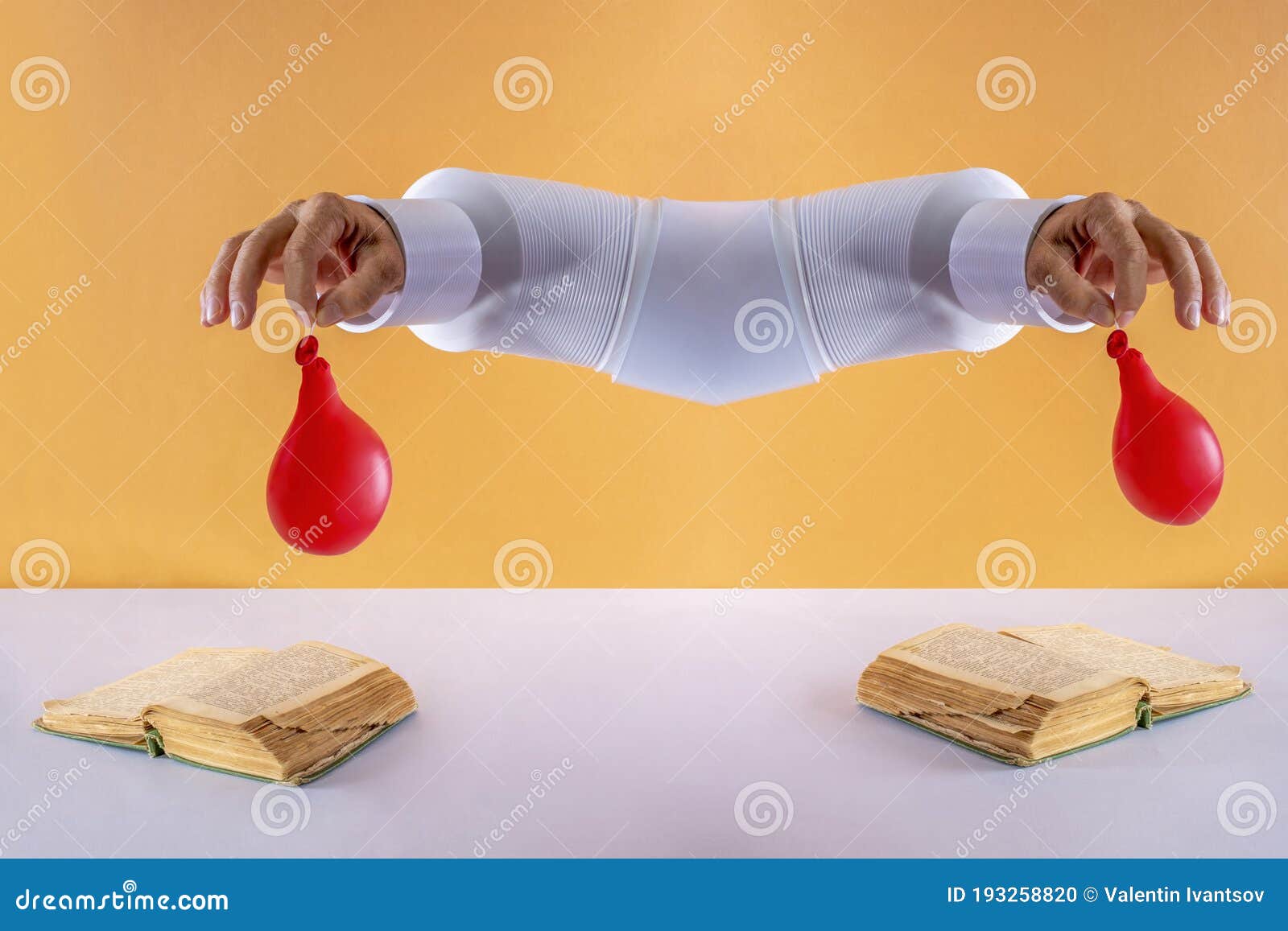 Collage of a Man`s Hand Holding a Deflated Balloon Over a Book Stock ...