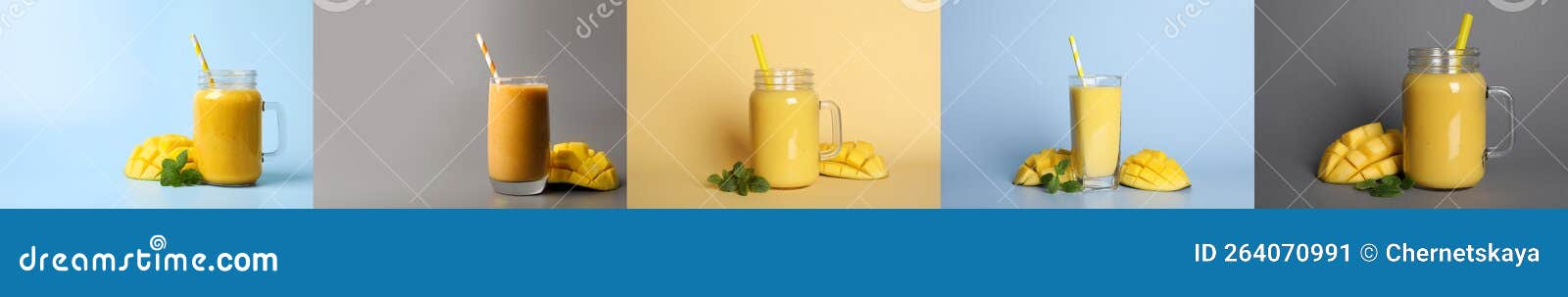 Collage with Mango Smoothie on Different Color Backgrounds. Banner ...