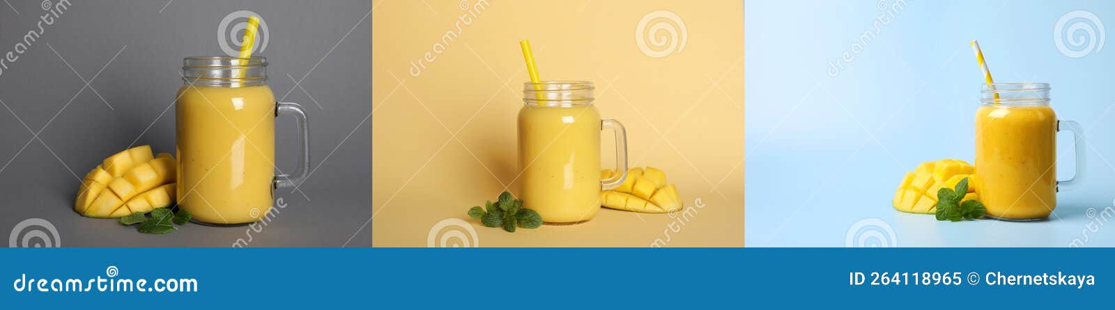 Collage with Mango Smoothie on Different Color Backgrounds. Banner ...