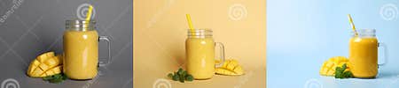 Collage with Mango Smoothie on Different Color Backgrounds. Banner ...