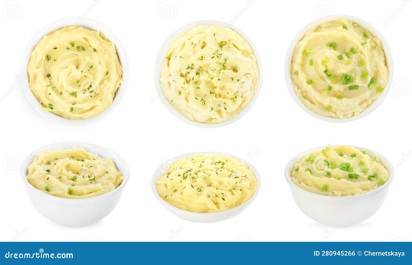 Collage with Mashed Potato in Bowls on White Background, Top and Side ...