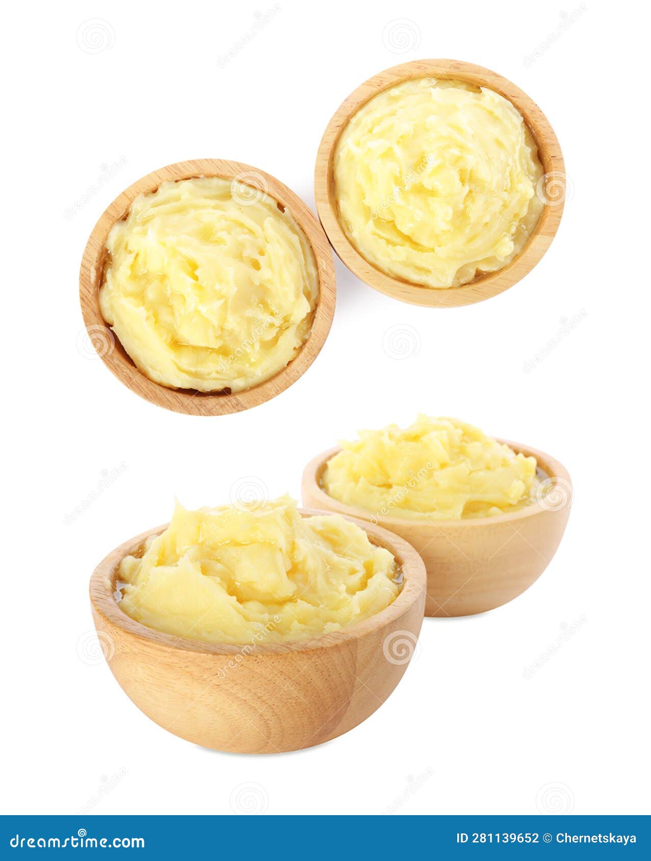 Collage with Mashed Potato in Bowls on White Background, Top and Side ...