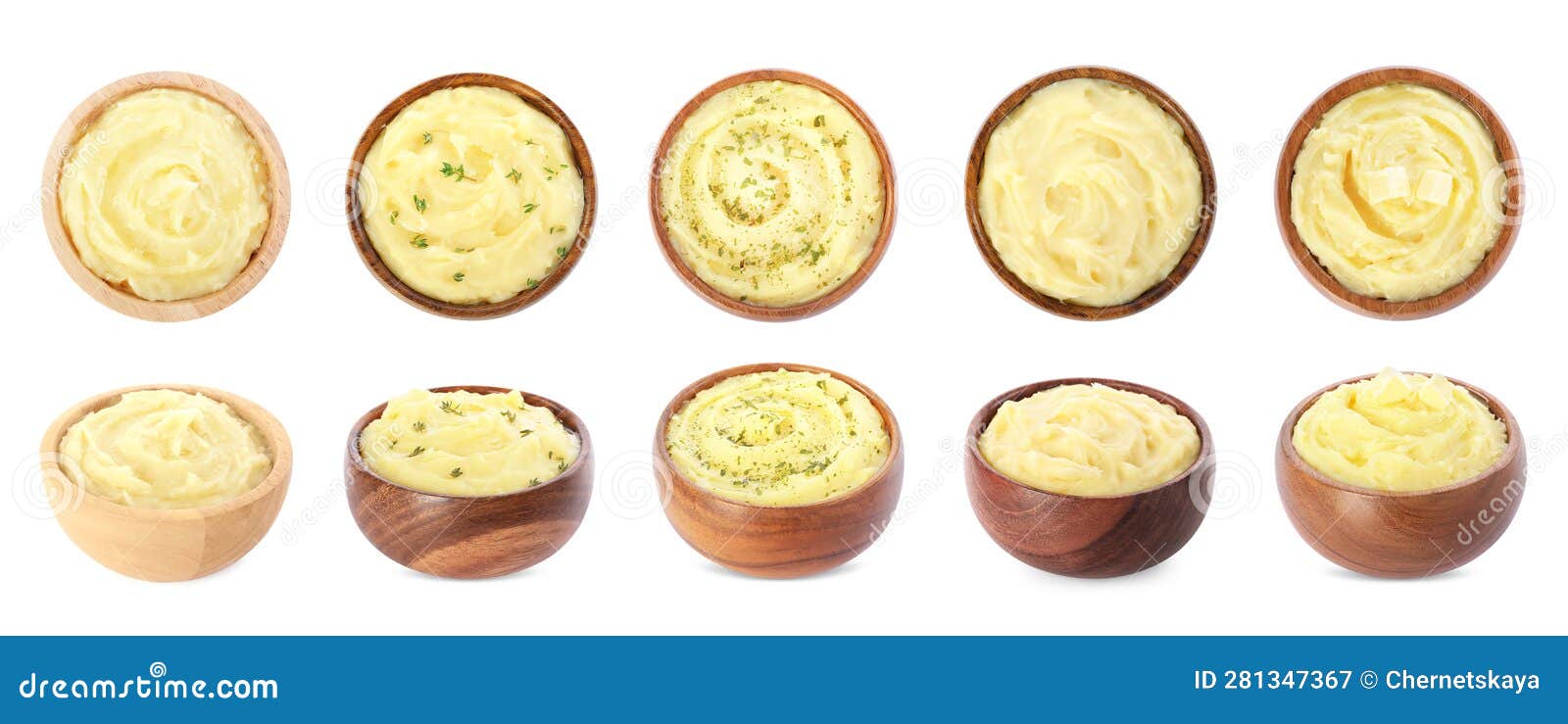 Collage with Mashed Potato in Bowls on White Background, Top and Side ...