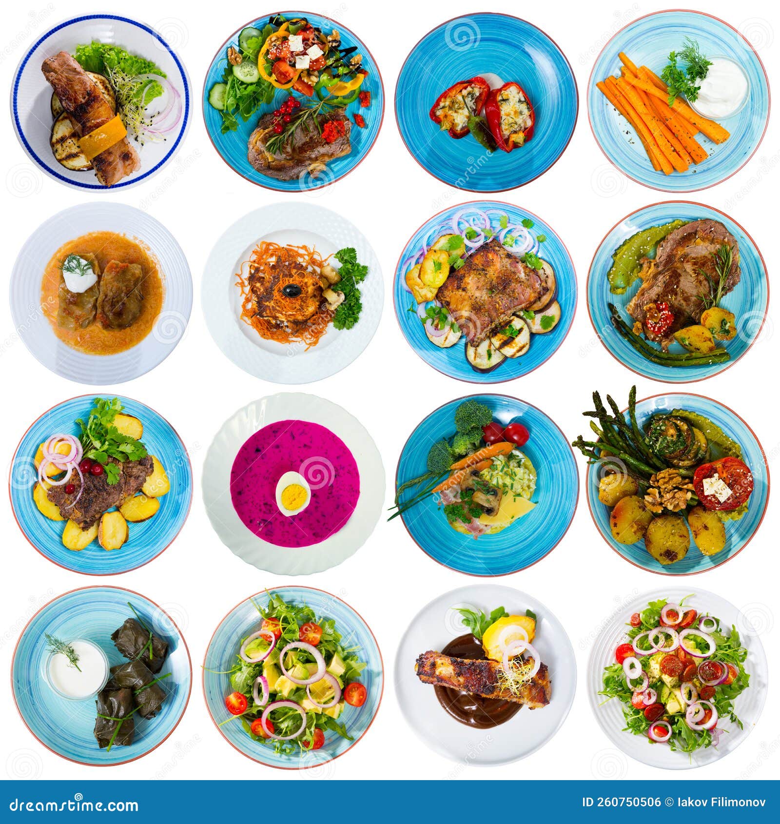 Collage of Meals on Round Plates Stock Photo - Image of meaty ...