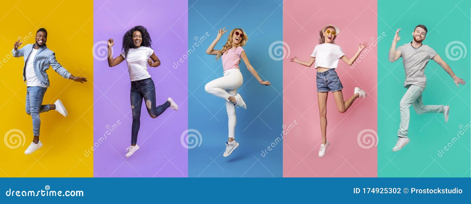 Collage of Millennial Jumping People of Different Nations on Color ...