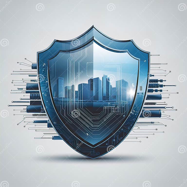 Collage with Modern Design of Electronic Shield Symbolizing the Concept ...