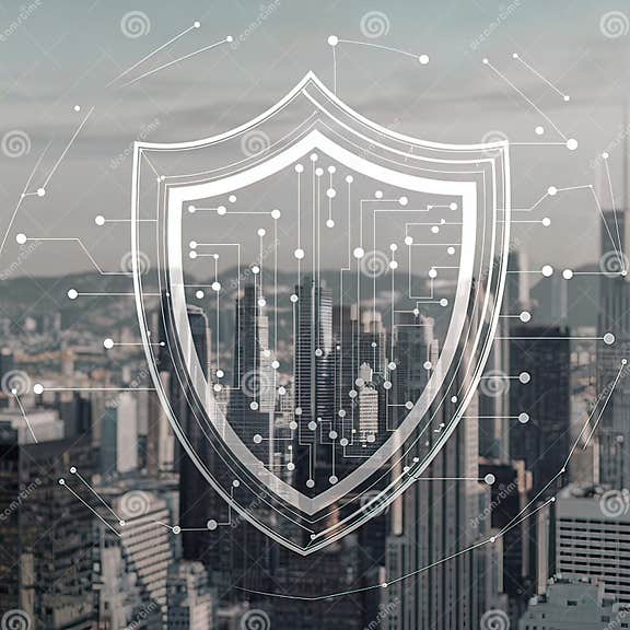 Collage with Modern Design of Electronic Shield Symbolizing the Concept ...