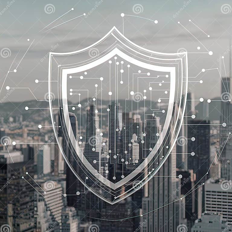 Collage with Modern Design of Electronic Shield Symbolizing the Concept ...