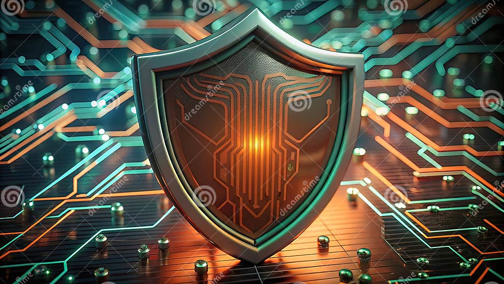 Collage with Modern Design of Electronic Shield Symbolizing the Concept ...