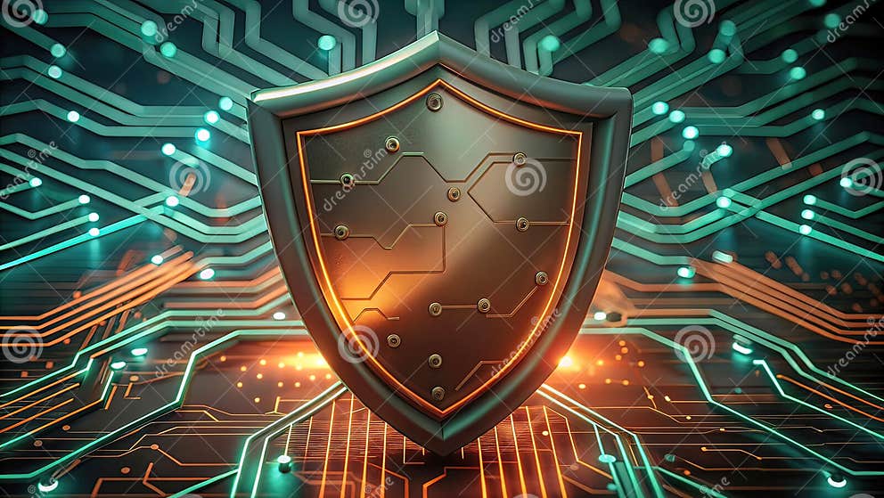 Collage with Modern Design of Electronic Shield Symbolizing the Concept of Computer Protection ...