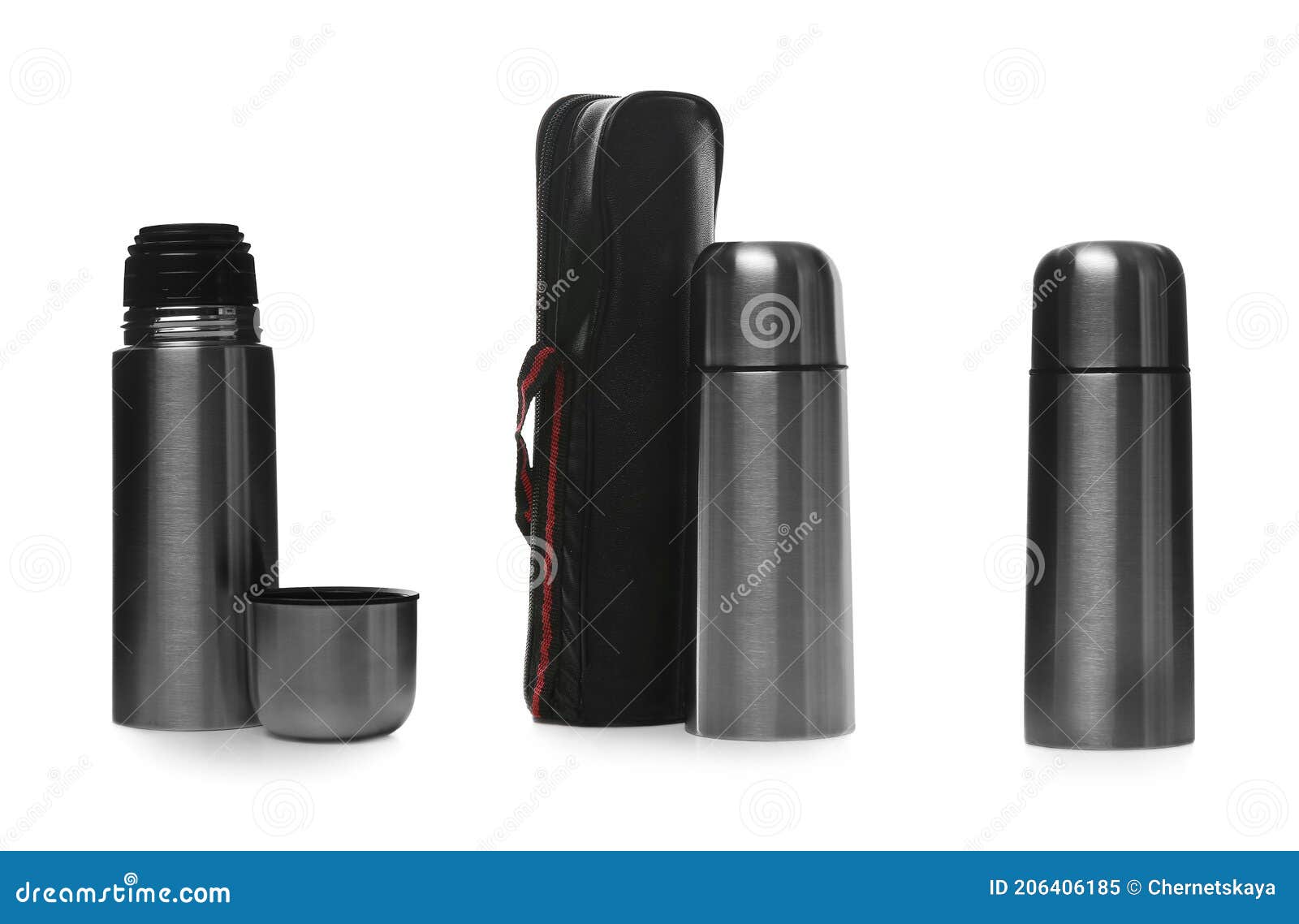 Collage with Modern Thermos Isolated on White Stock Image - Image of ...