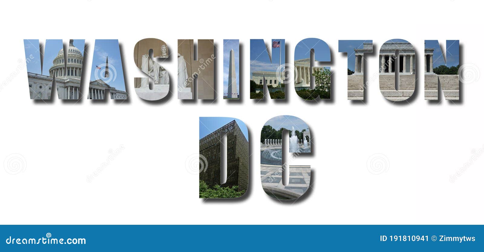 Collage of Monuments and Landmarks of Washington DC, Text with Shadow ...