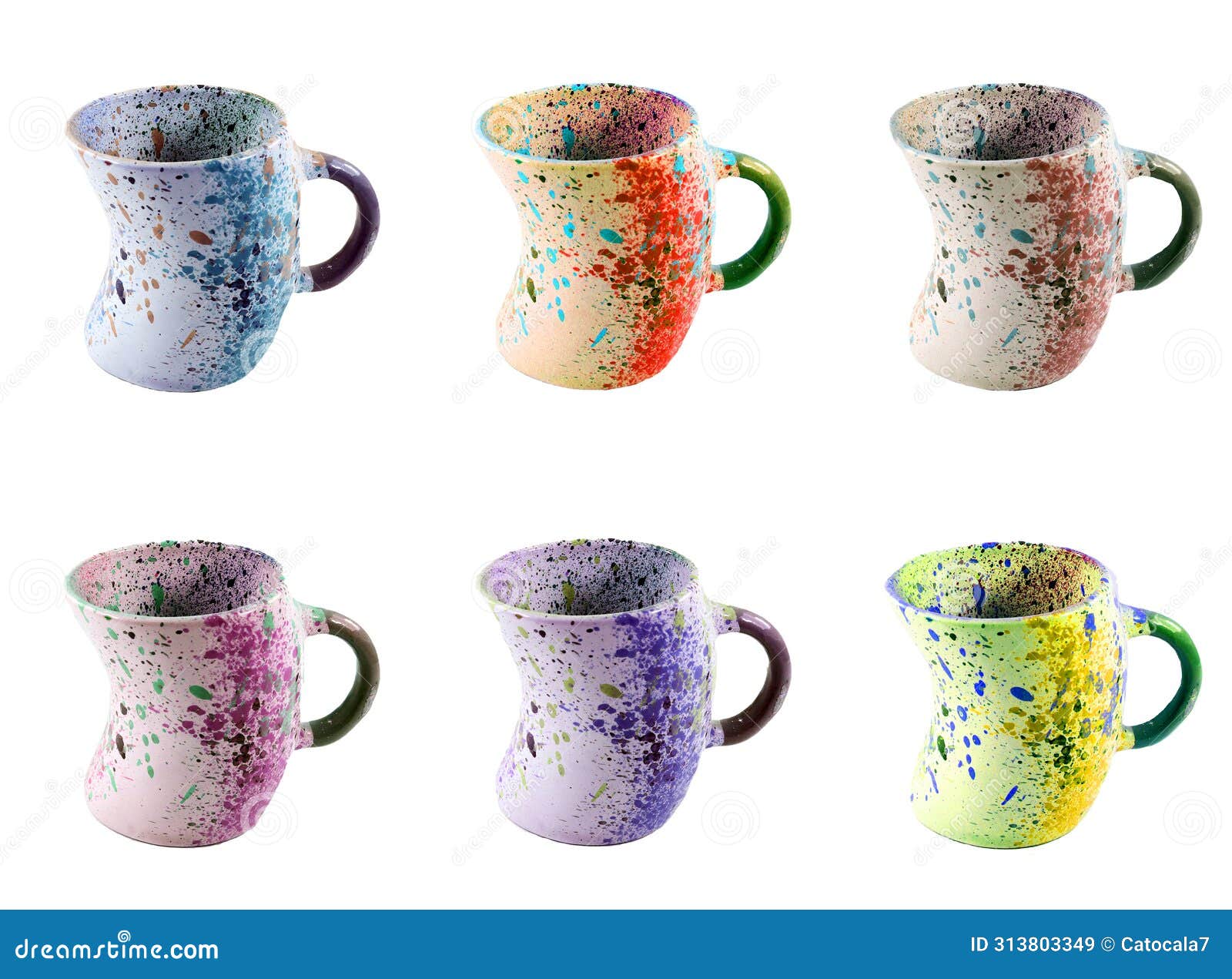 Collage of Mugs of Unusual Curved Shape and Creative Colors Isolated on ...
