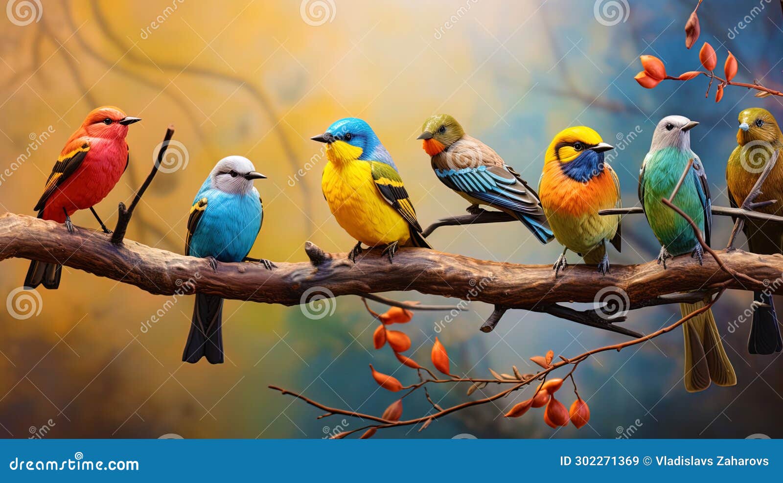 Collage with Multi Colored Birds on Branches Stock Illustration ...