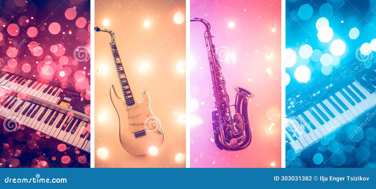 Collage of Musical Instruments with White Vertical Lines and Bright ...