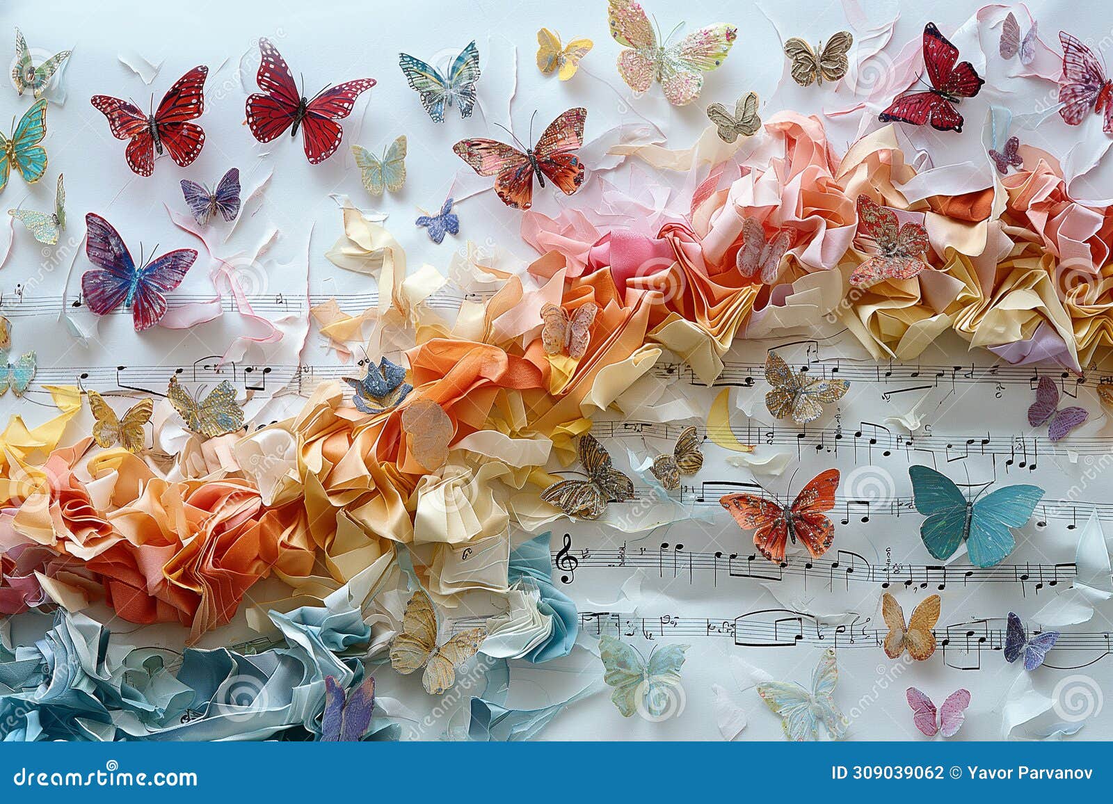 A Collage of Musical Notes, Vibrant Fabric Swatches, and Translucent ...