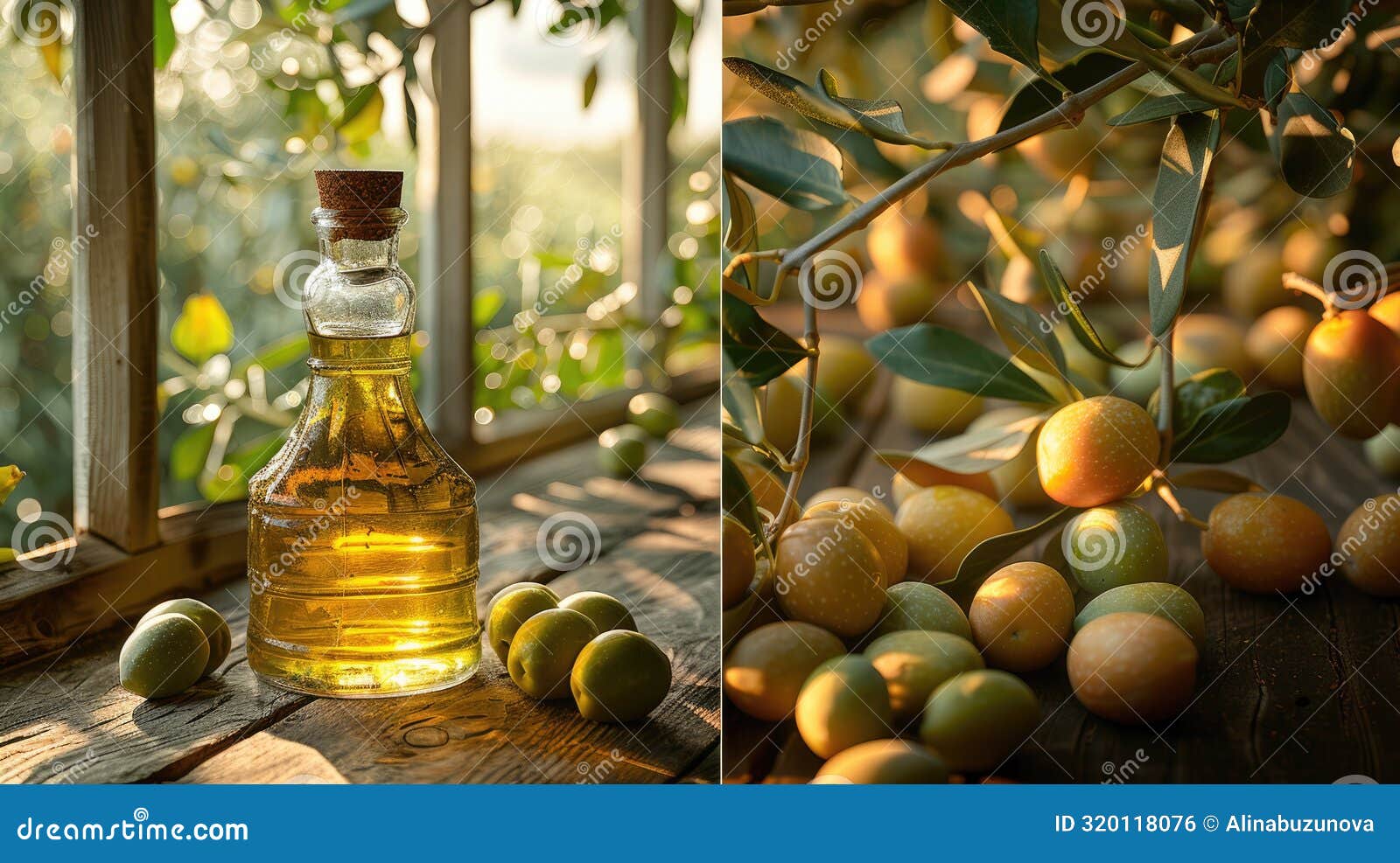Collage with Olive Oil and Green Olives on an Oak Table in Front of the ...