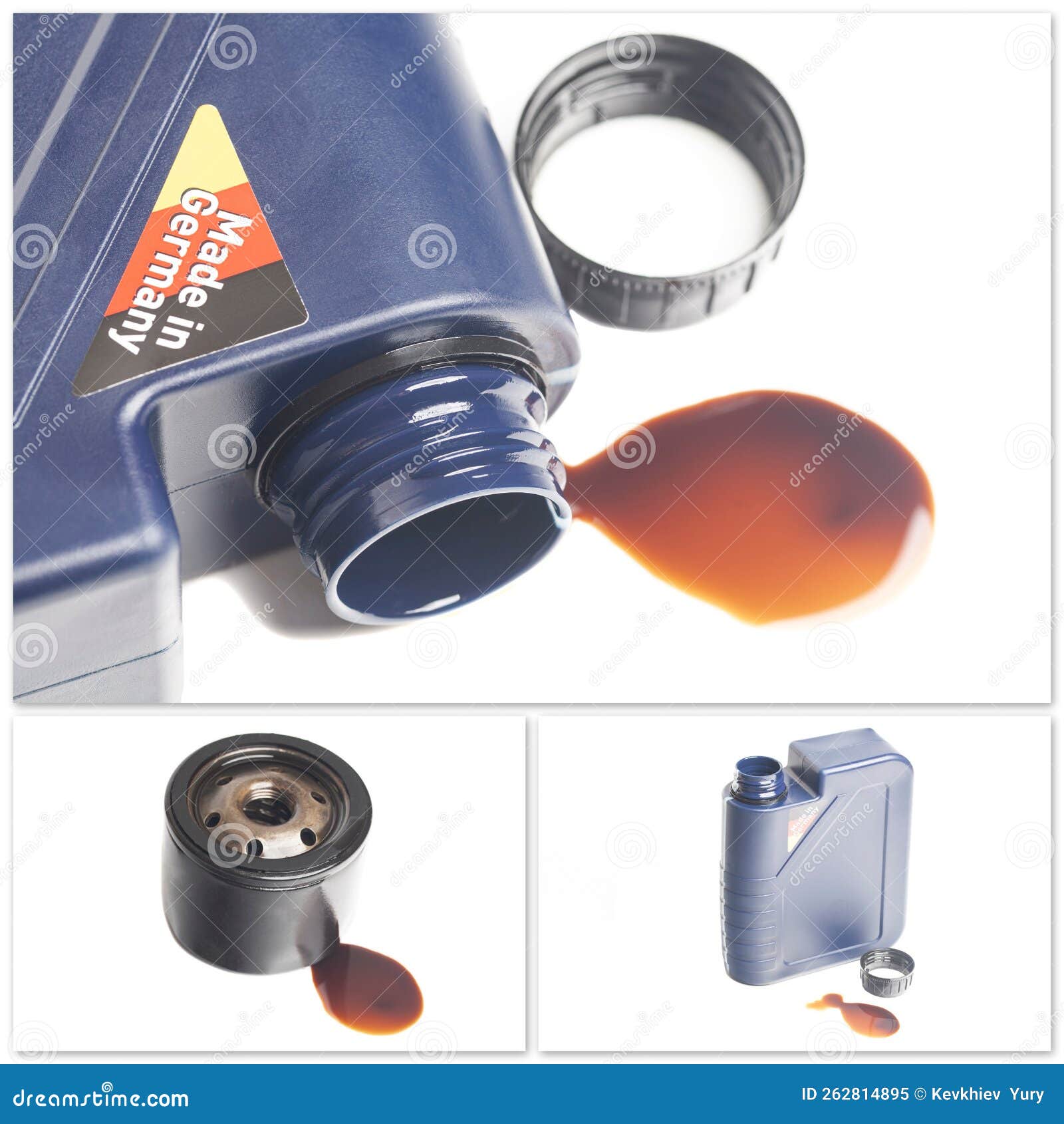 Collage with Open Engine Oil Bottle with a Puddle of Engine Oil ...