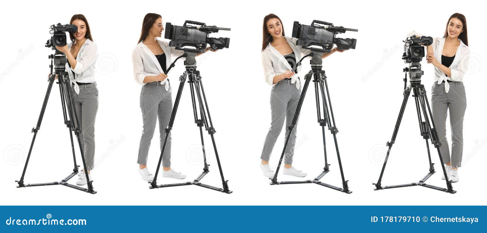 Collage of Operator with Professional Video Camera on Background ...