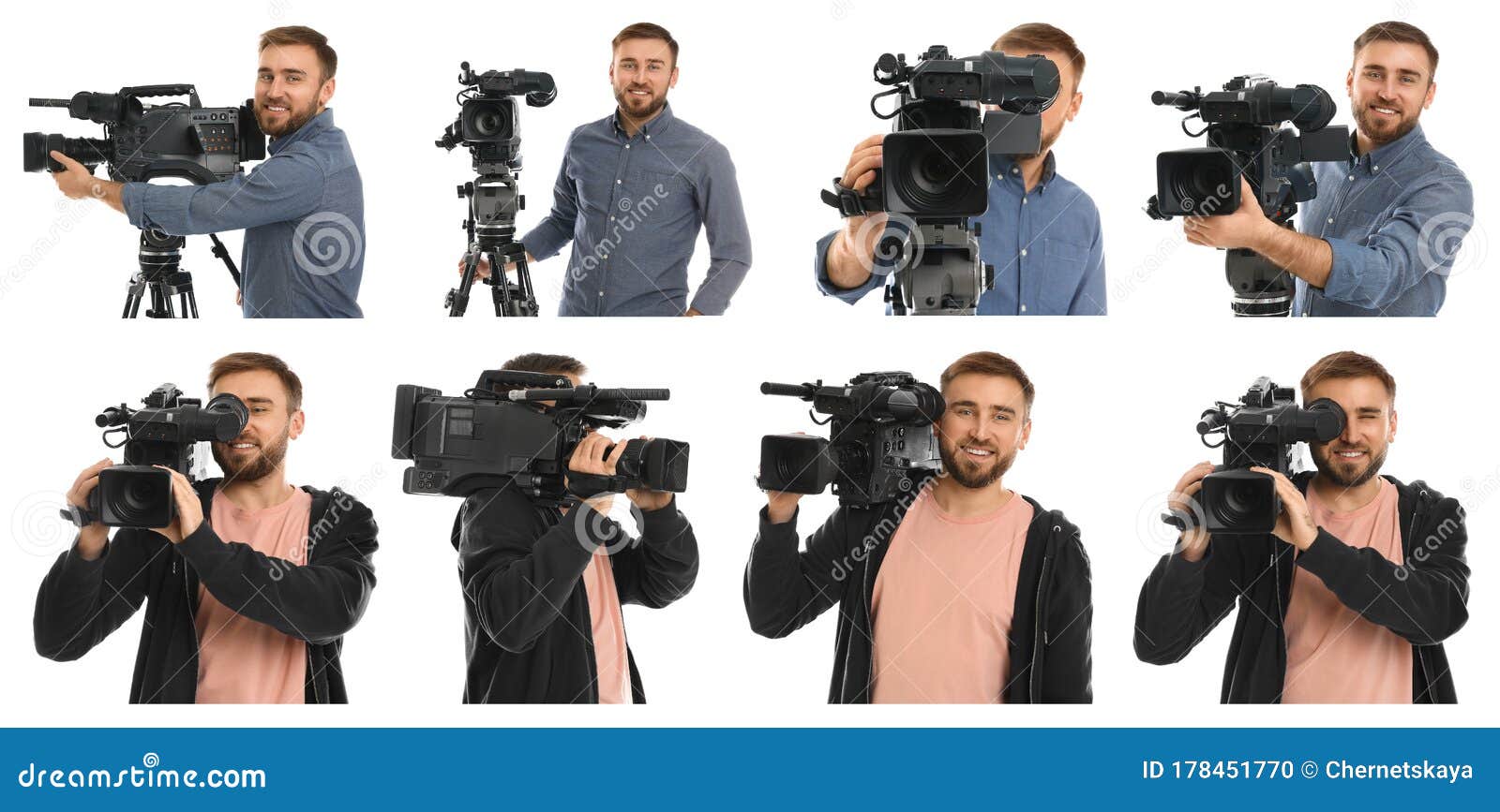 Collage of Operator with Professional Video Camera on Background ...