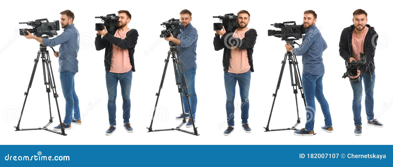 Collage of Operator with Video Camera on White Background. Banner ...