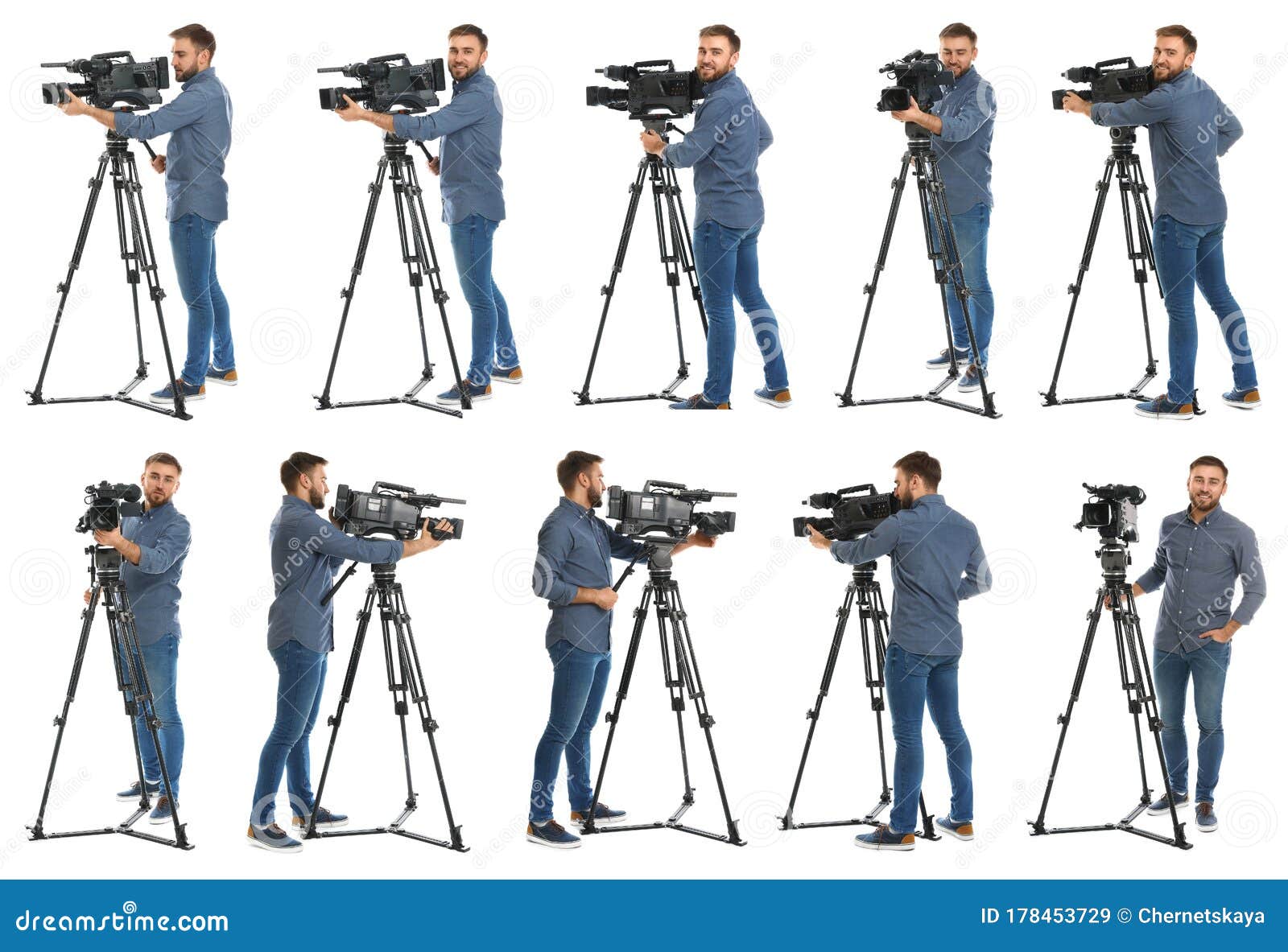Collage of Operator with Video Camera on White Background. Banner ...