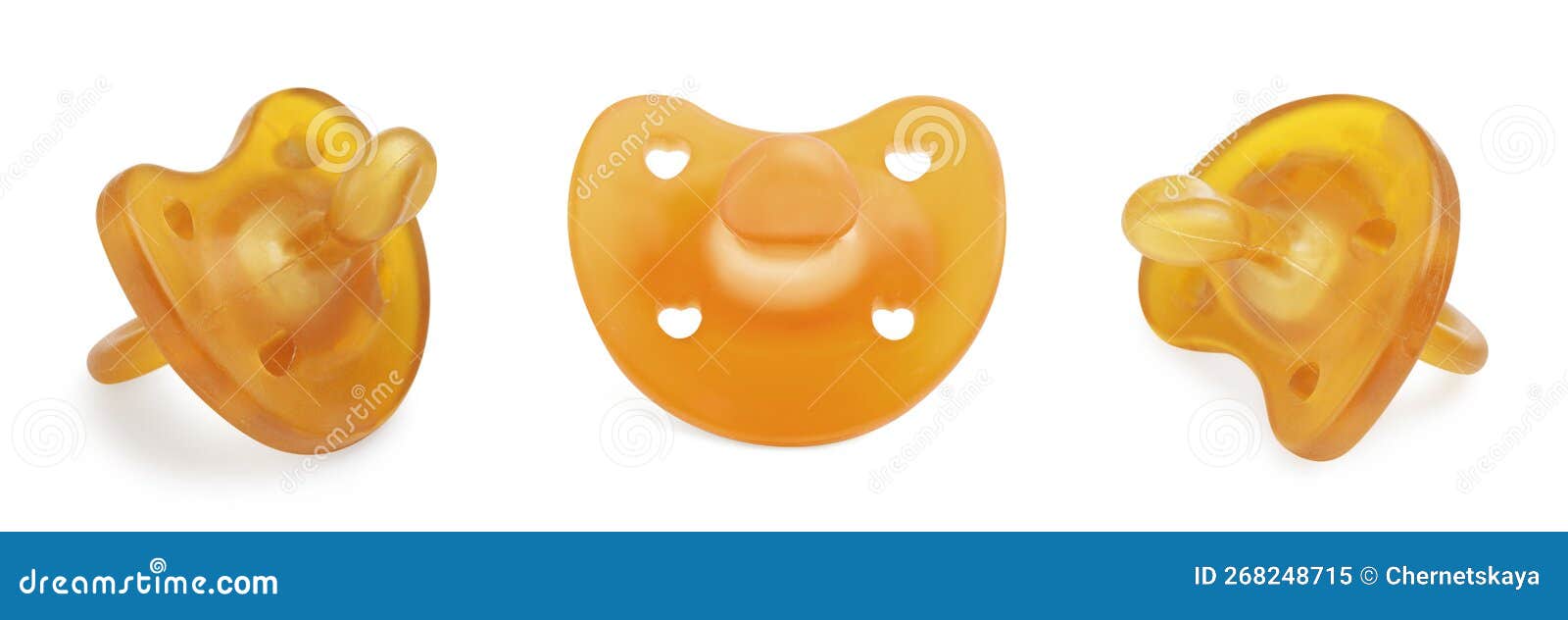 Collage of Orange Baby Pacifier on White Background, Views from ...