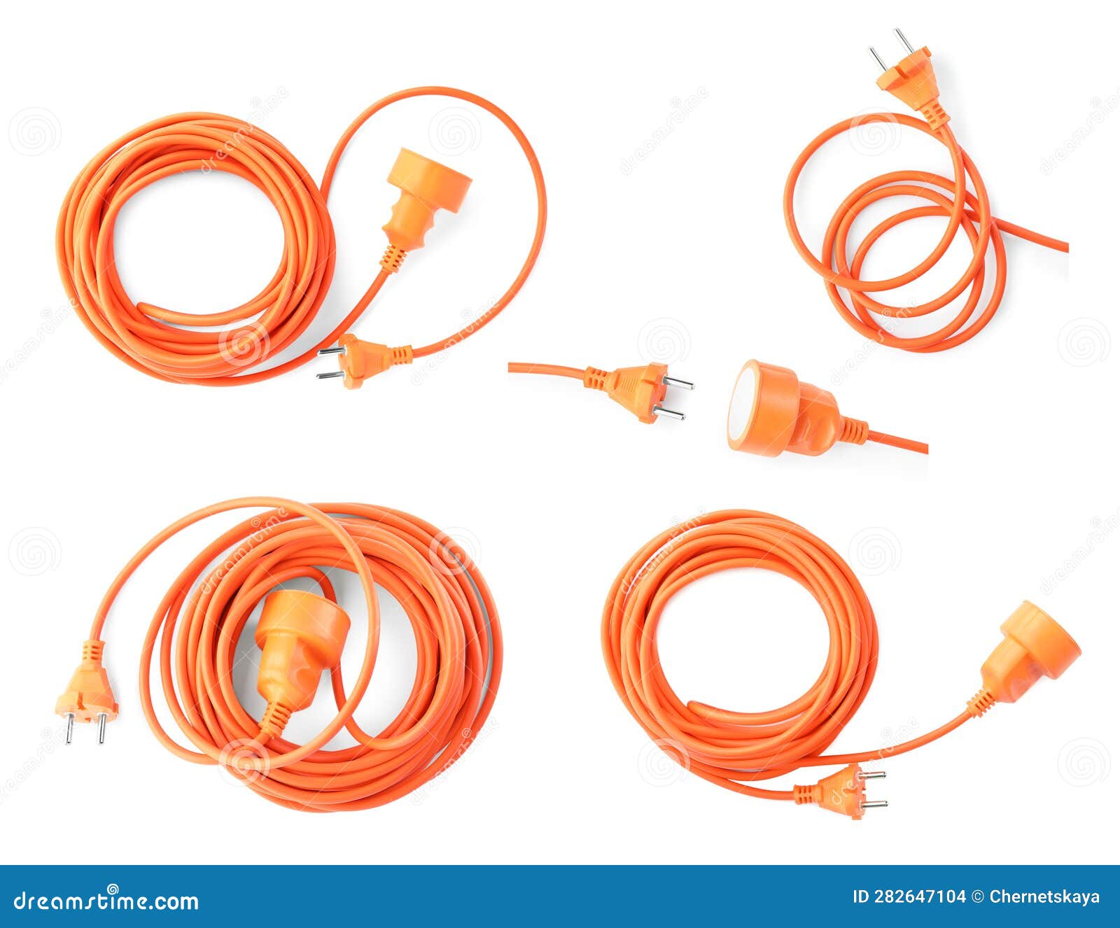 Collage with Orange Extension Cord on White Background, Top View ...