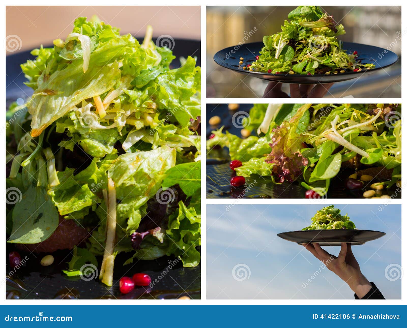 Collage. Organic Salad with Vegetables and Greens at Restaurant Stock ...