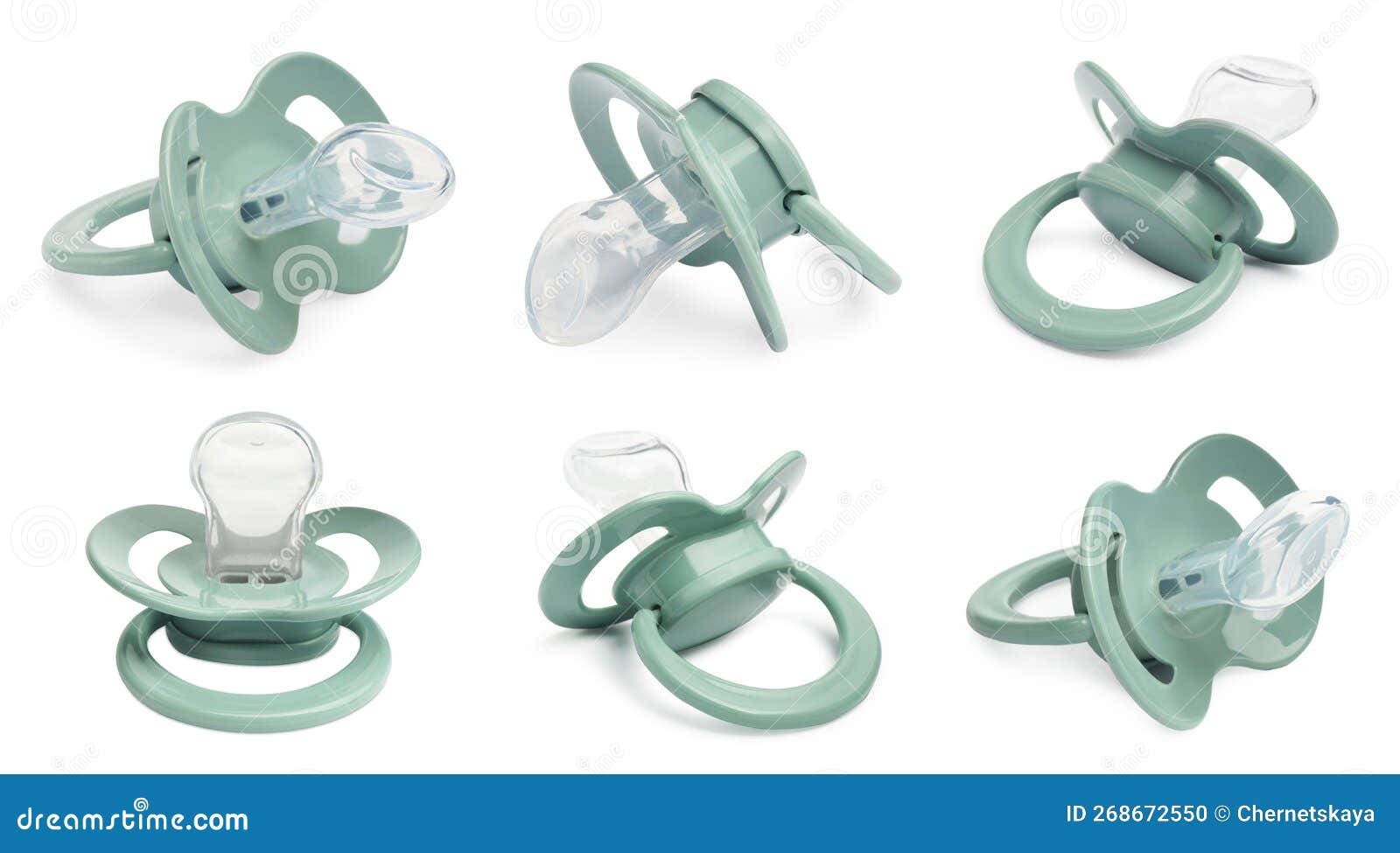 Collage of Pale Green Baby Pacifier on White Background, Views from ...