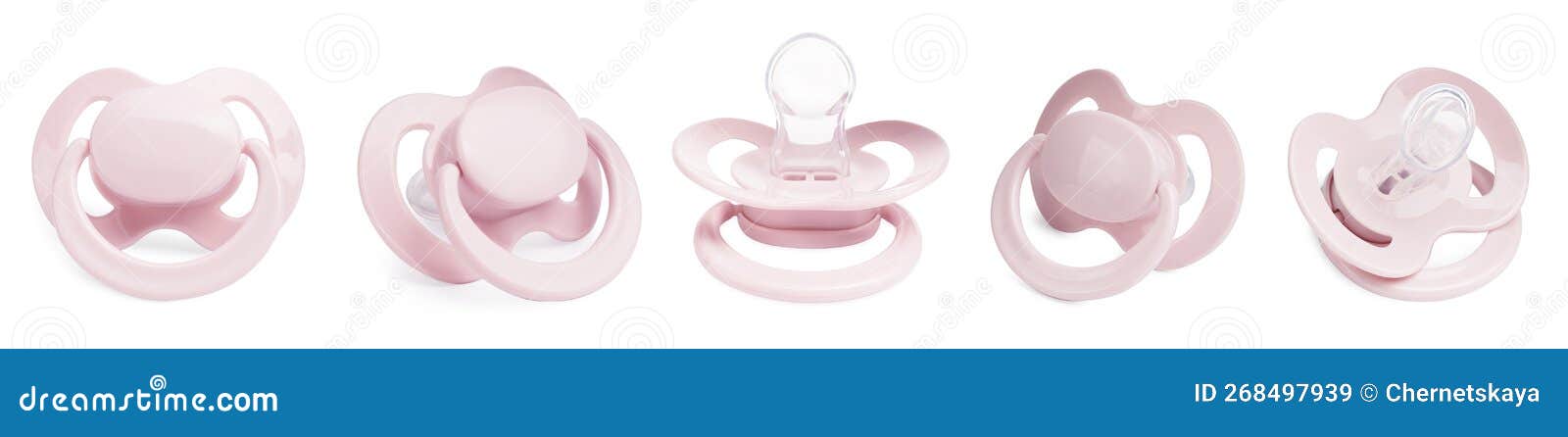 Collage of Pale Pink Baby Pacifier on White Background, Views from ...