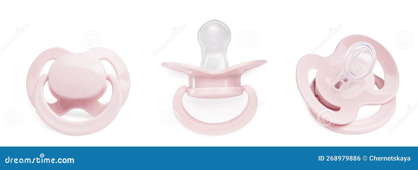 Collage of Pale Pink Baby Pacifier on White Background, Views from ...