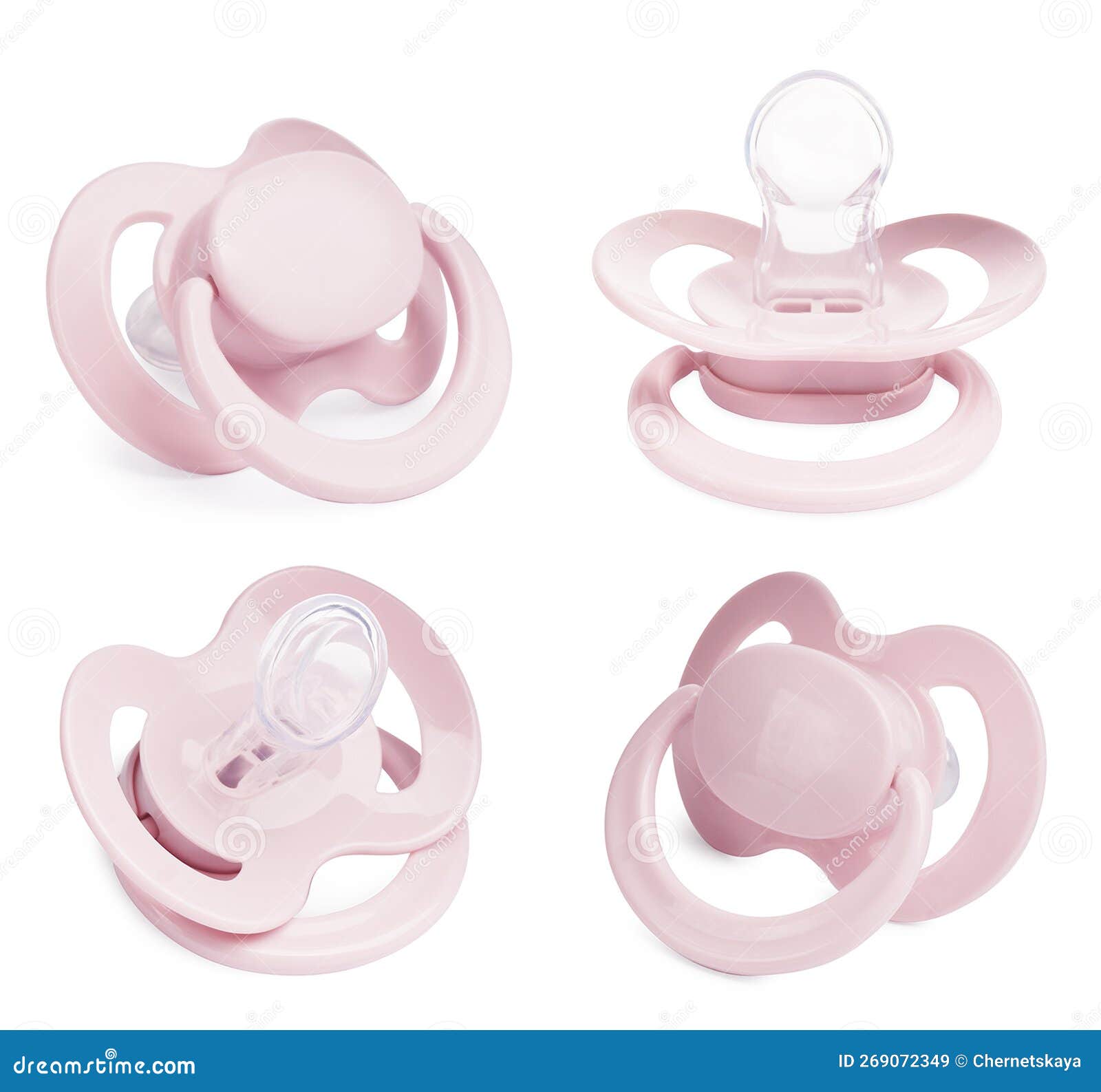 Collage of Pale Pink Baby Pacifier on White Background, Views from ...