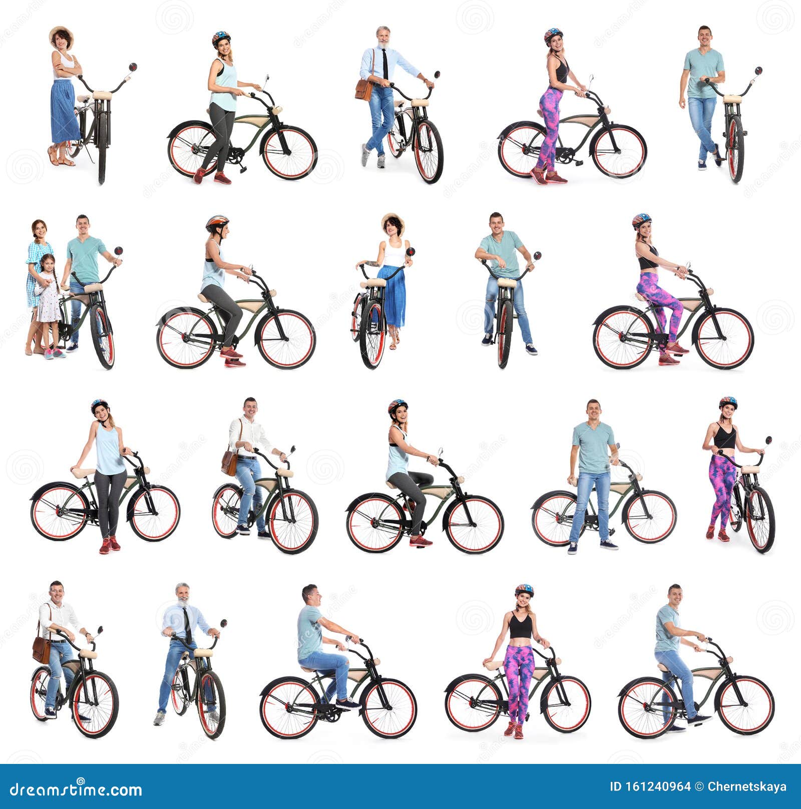 Collage of People with Bicycles on White Stock Photo - Image of people ...
