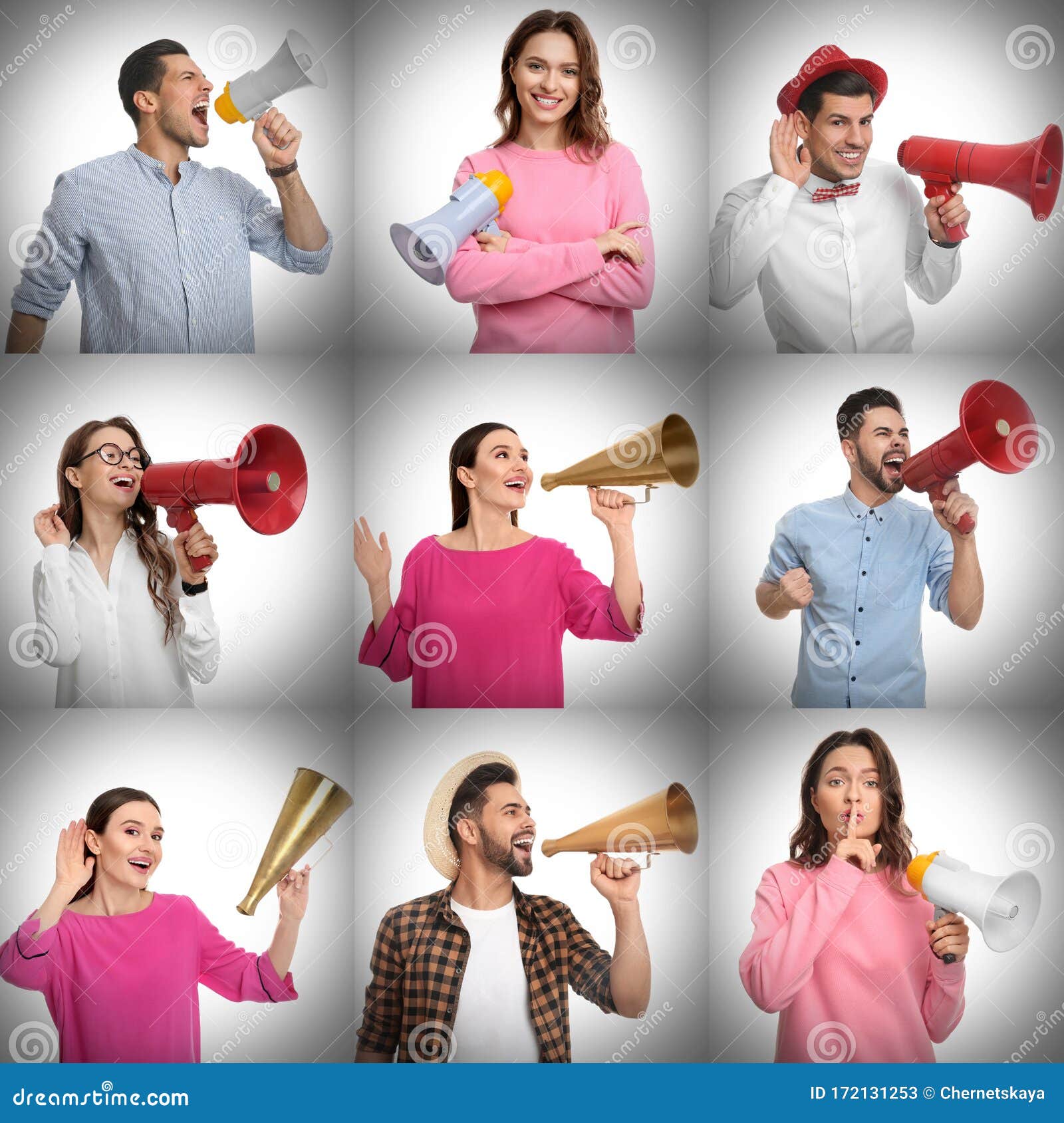 Collage of People with Megaphones on Background Stock Image - Image of ...