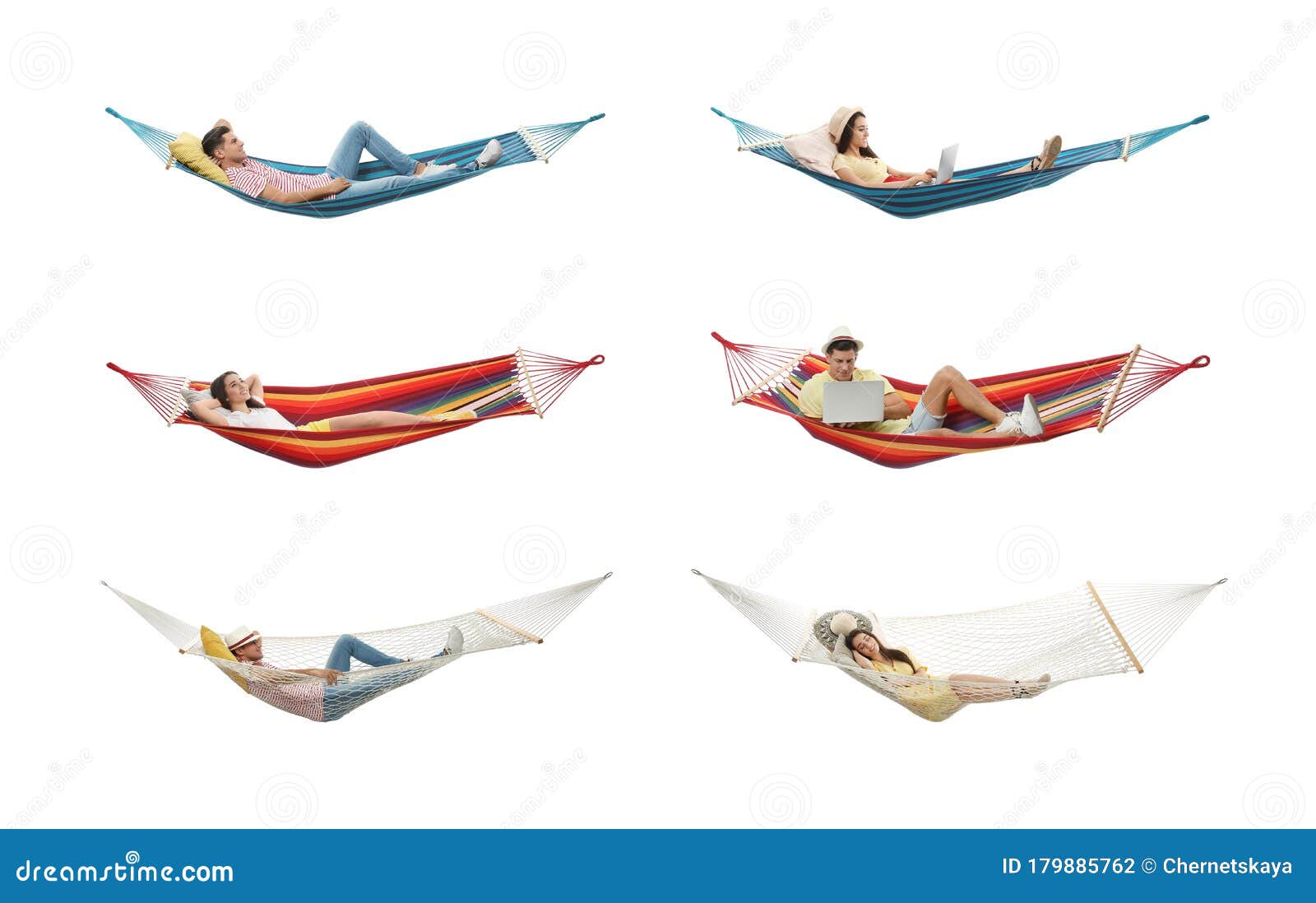 Collage with People Resting in Hammocks on White Background Stock Photo ...