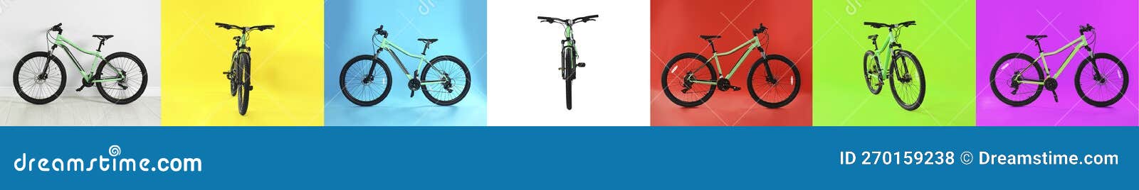 Collage with Photos of Bicycle on Different Color Backgrounds, Banner ...